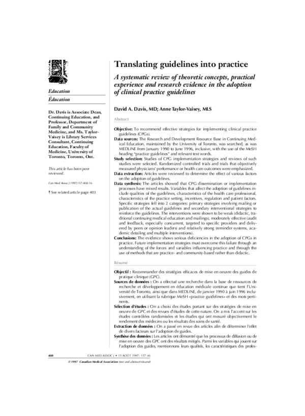 (PDF) Translating guidelines into practice. A systematic review of ...