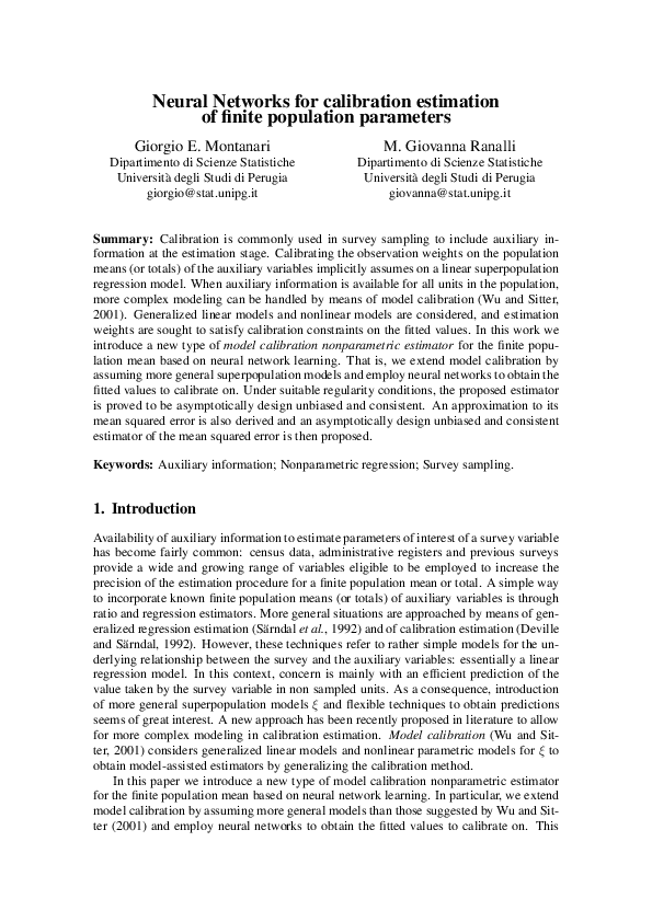 Pdf Neural Networks For Calibration Estimation Of Finite Population