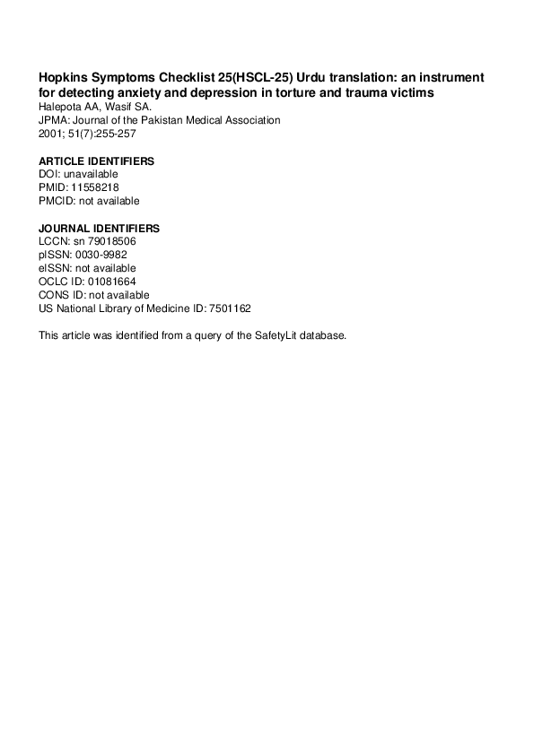(PDF) Hopkins Symptoms Checklist 25(HSCL-25) Urdu translation: an ...