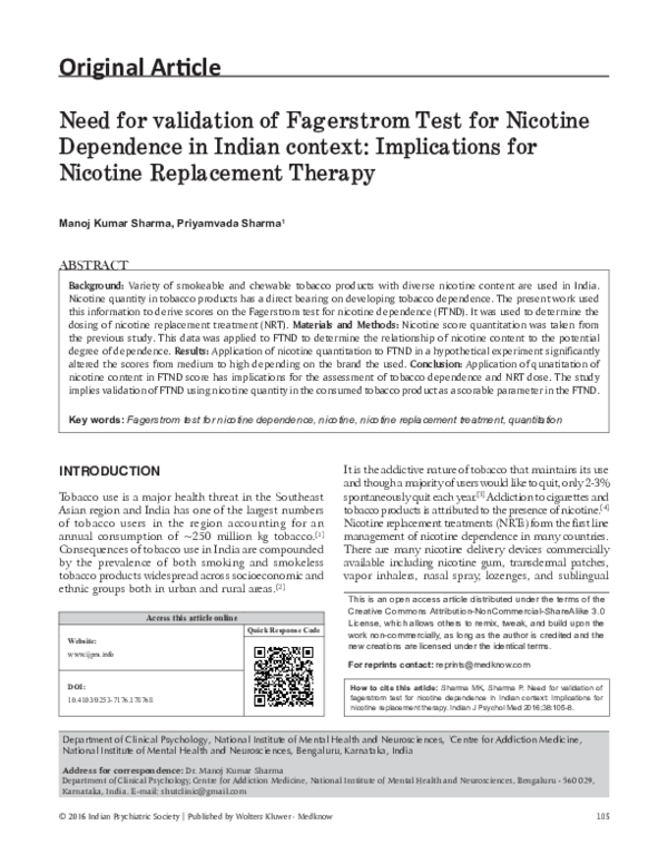 (PDF) Need for validation of Fagerstrom Test for Nicotine Dependence in ...