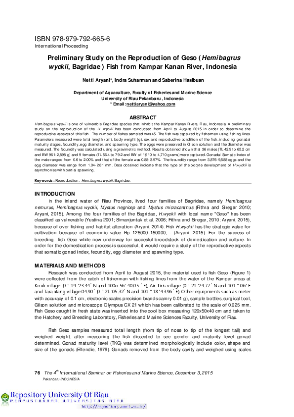 (PDF) Preliminary Study on the Reproduction of Geso (Hemibagrus wyckii ...