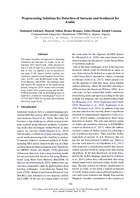 (PDF) Preprocessing Solutions for Detection of Sarcasm and Sentiment ...