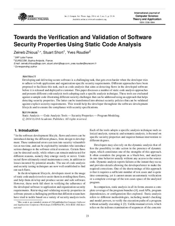 Pdf Towards The Verification And Validation Of Software Security Properties Using Static Code