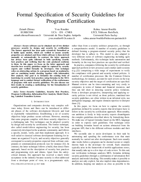 (PDF) Formal specification of security guidelines for program certification