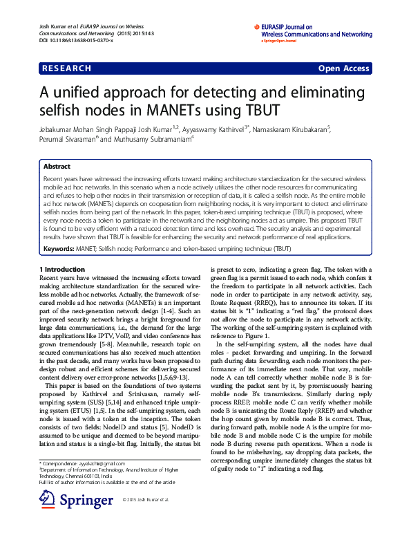 (PDF) A unified approach for detecting and eliminating selfish nodes in MANETs using TBUT