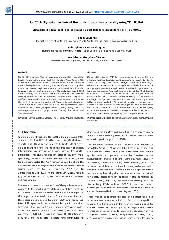 (PDF) Rio 2016 Olympics: analysis of the tourist perception of quality ...