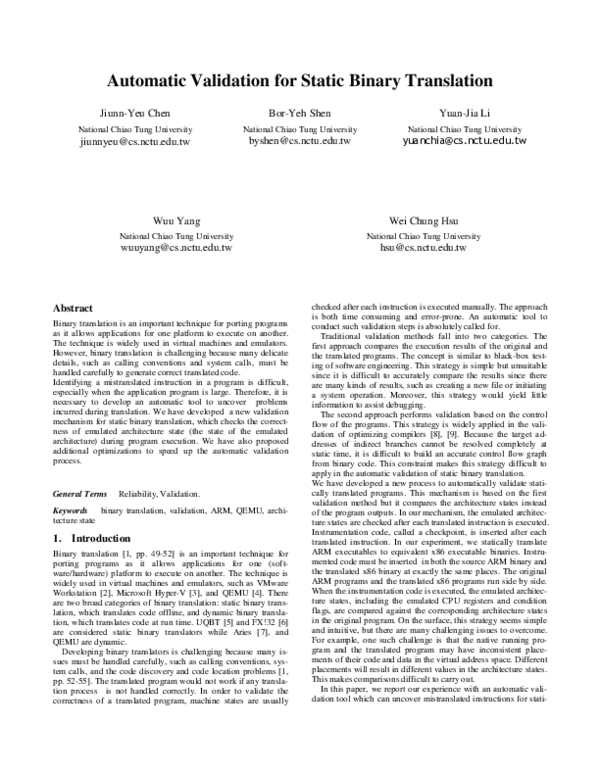 Pdf Automatic Validation For Static Binary Translation