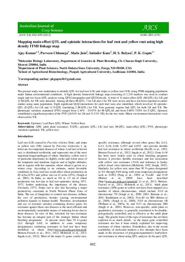 Pdf Mapping Main Effect Qtl And Epistatic Interactions For Leaf Rust