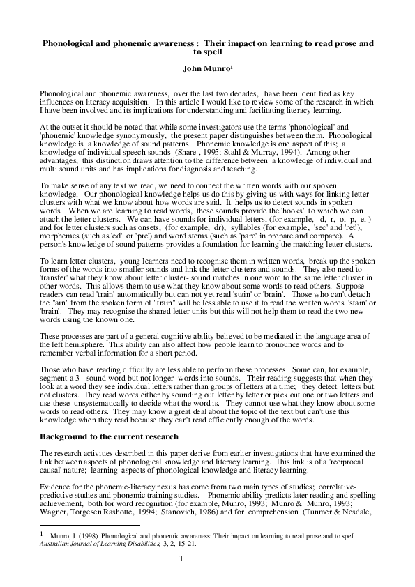 (PDF) Phonological and phonemic awareness: Their impact on learning to ...
