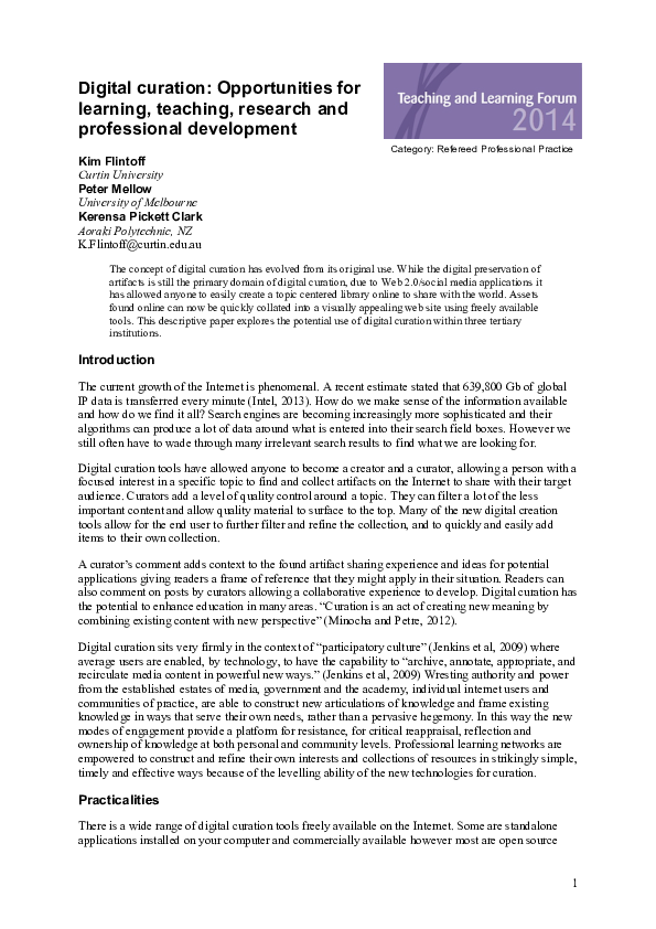 (PDF) Digital curation: Opportunities for learning, teaching, research and professional development