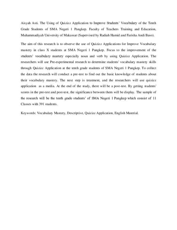 (PDF) The Using of Quizizz Application to Improve Students' Vocabulary of the Tenth Grade ...