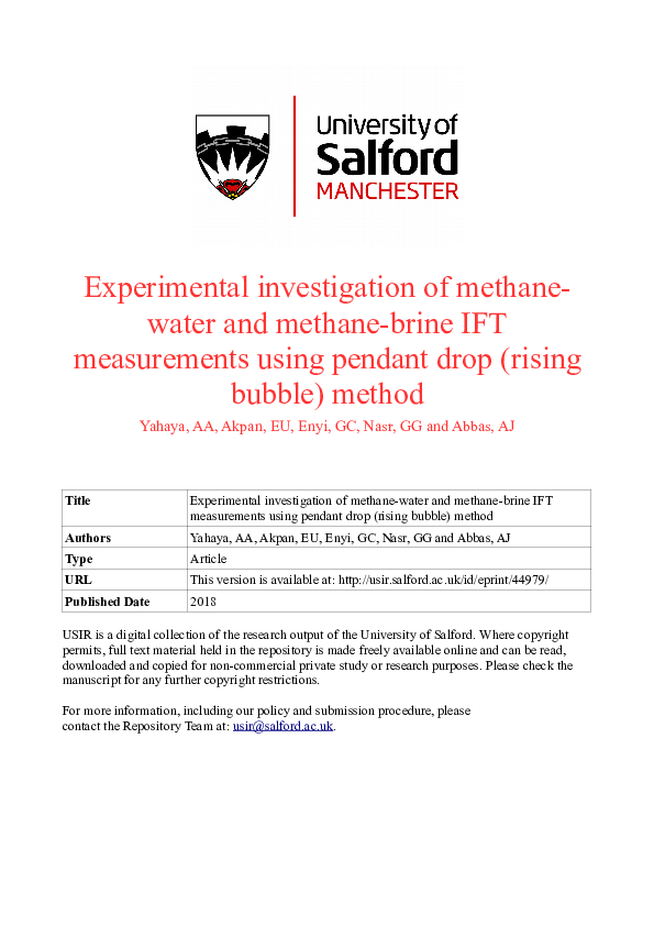 (PDF) Experimental investigation of methane-water and methane-brine IFT ...