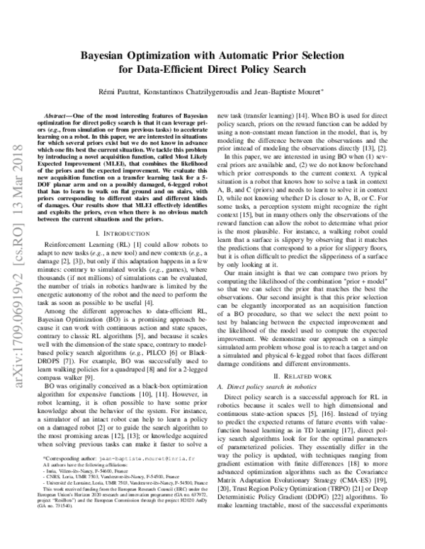 (PDF) Bayesian Optimization with Automatic Prior Selection for Data-Efficient Direct Policy Search