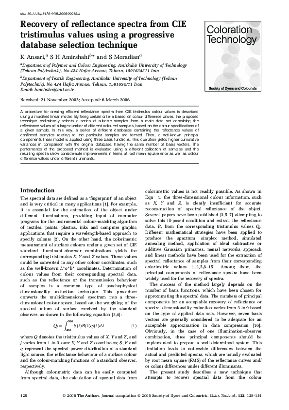 Pdf Recovery Of Reflectance Spectra From Cie Tristimulus Values Using