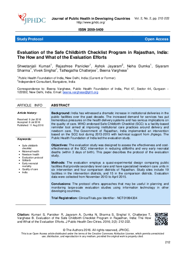 (PDF) Evaluation of the Safe Childbirth Checklist Program in Rajasthan ...