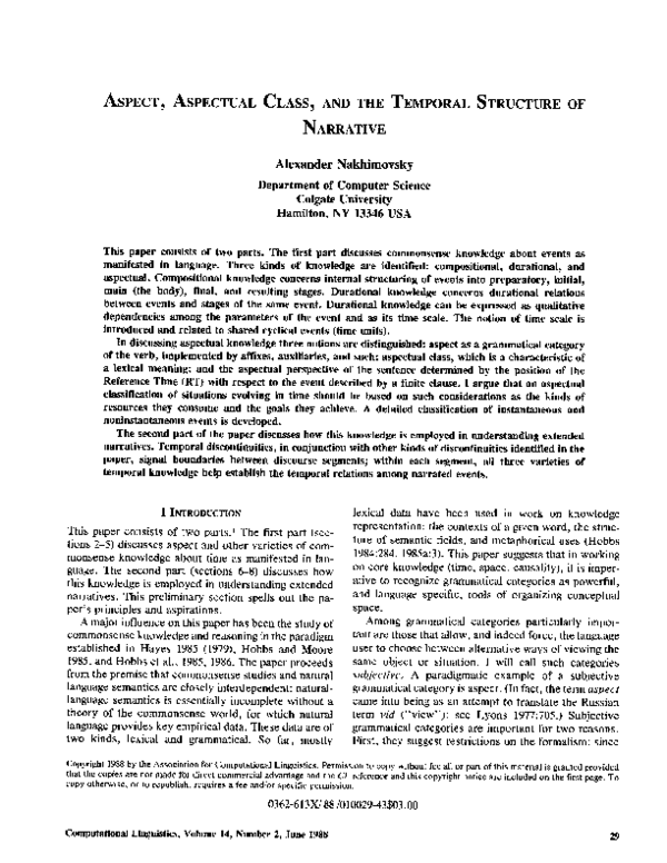 Pdf Aspect Aspectual Class And The Temporal Structure Of Narrative