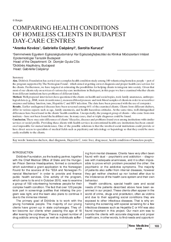 (PDF) Comparing health Conditions of homeless Clients in Budapest day ...