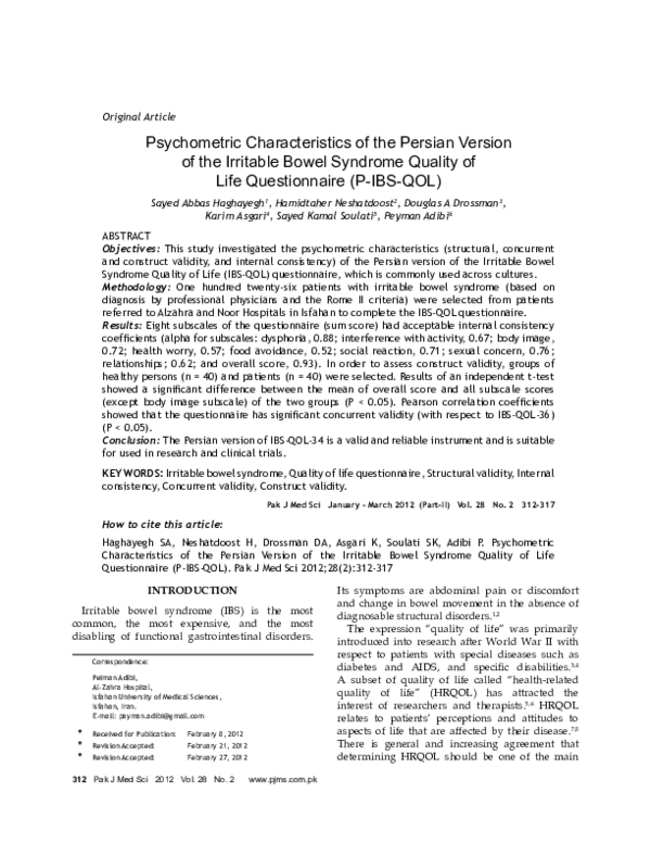 (PDF) Psychometric Characteristics of the Persian Version of the Irritable Bowel Syndrome ...