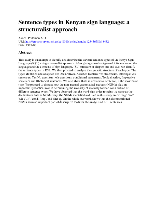 (PDF) Sentence types in Kenyan sign language: a structuralist approach