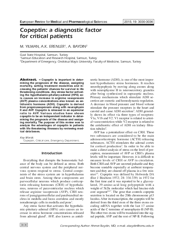 (PDF) Copeptin: a diagnostic factor for critical patients
