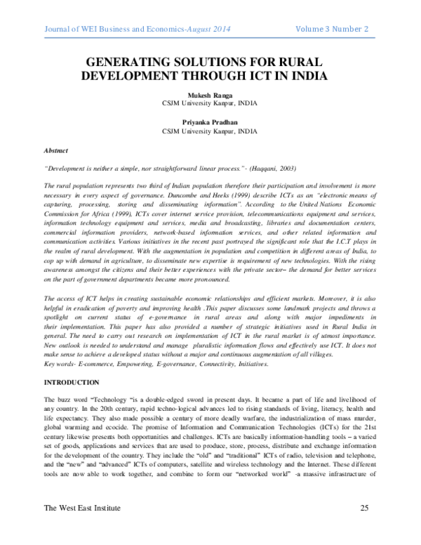 (PDF) Generating Solutions for Rural Development Through Ict in India