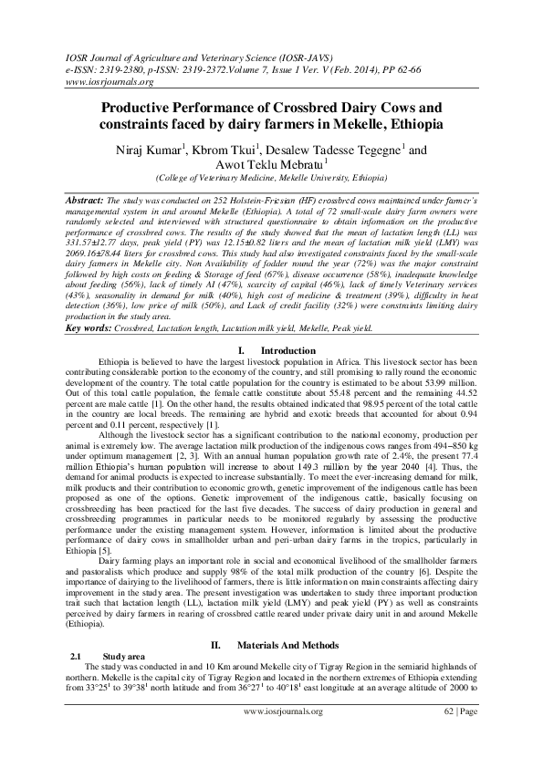 (PDF) Productive Performance of Crossbred Dairy Cows and constraints faced by dairy farmers in ...