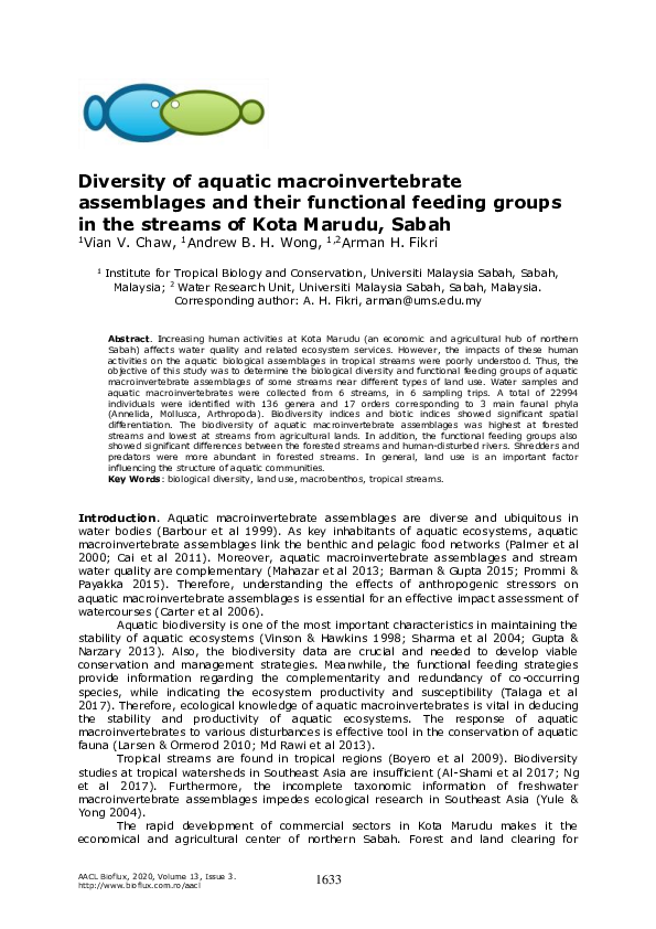 (PDF) Diversity of aquatic macroinvertebrate assemblages and their functional feeding groups in ...