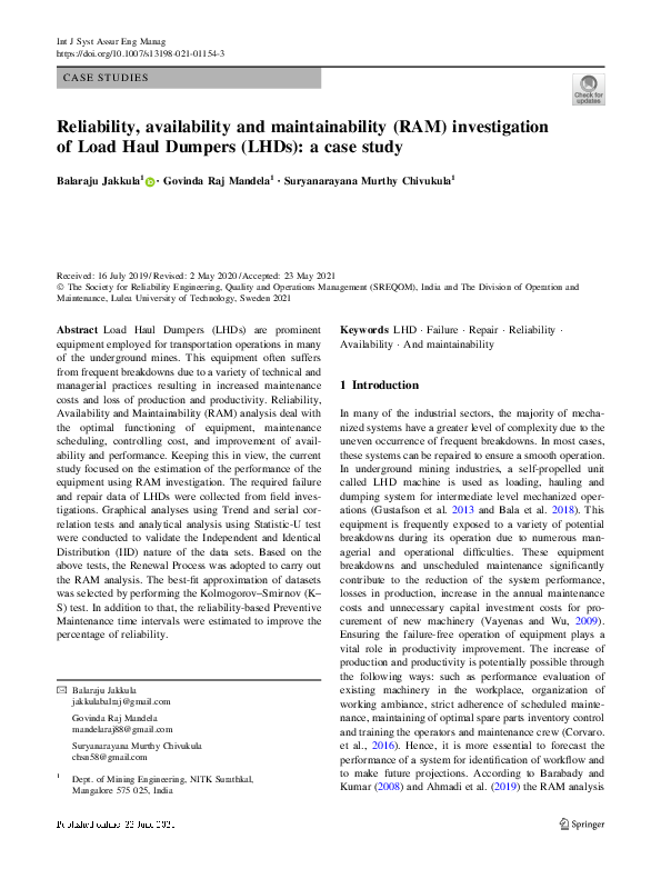 (PDF) Reliability, availability and maintainability (RAM) investigation of Load Haul Dumpers ...