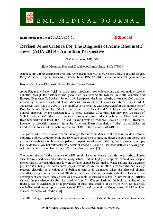 (PDF) Revised Jones Criteria for diagnosis of Acute Rheumatic Fever ...