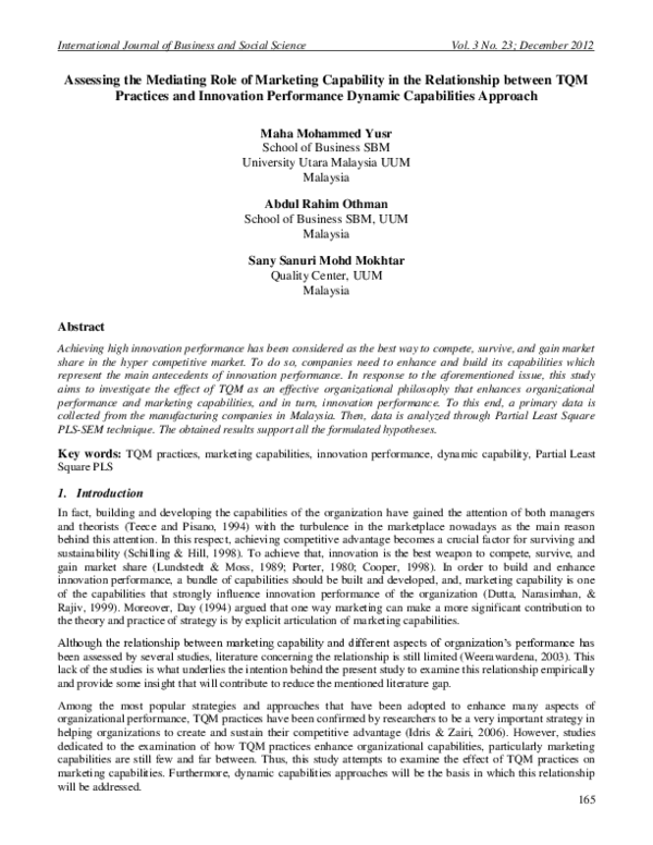 (PDF) Assessing the mediating role of marketing capability in the relationship between TQM ...