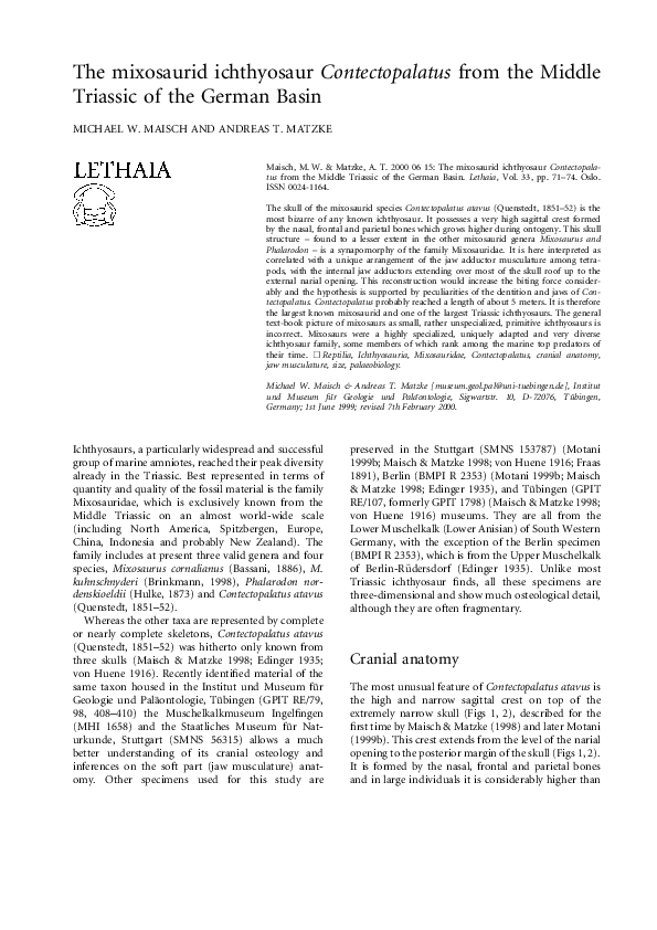 (PDF) The mixosaurid ichthyosaur Contectopalatus from the Middle ...