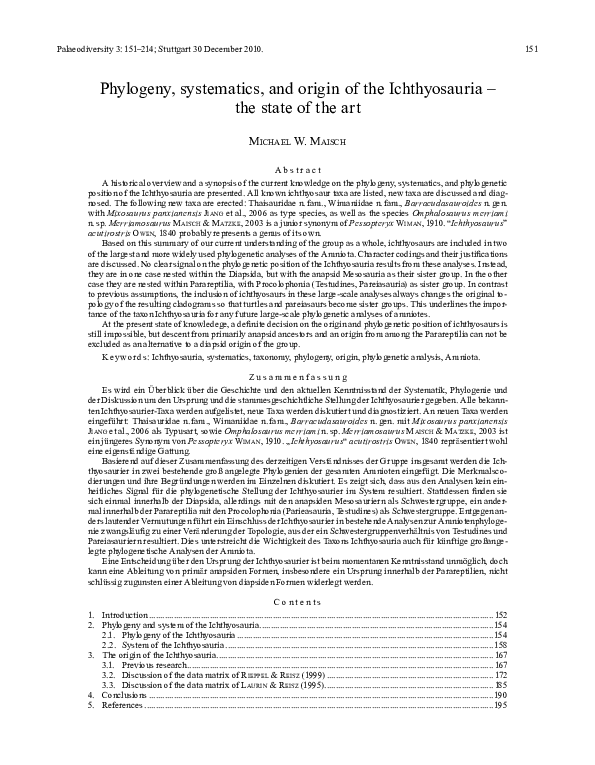 (PDF) Phylogeny, systematics and origin of the Ichthyosauria – the ...