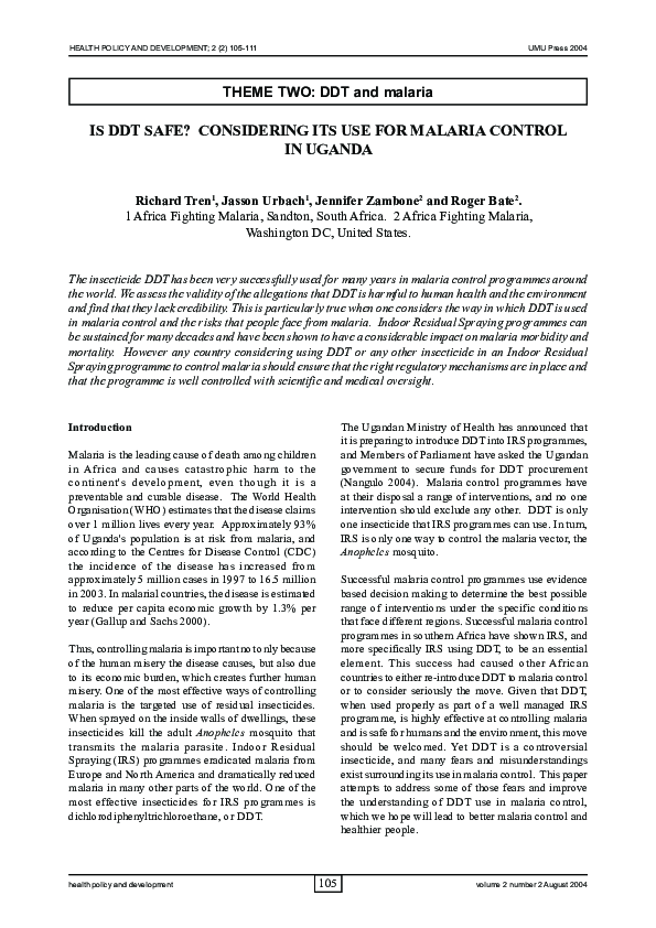 (PDF) Is DDT Safe? Considering Its Use for Malaria Control in Uganda