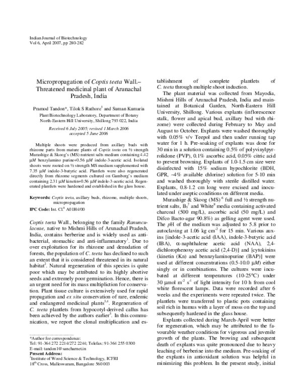 (PDF) Micropropagation of Coptis teeta Wall.–Threatened medicinal plant ...