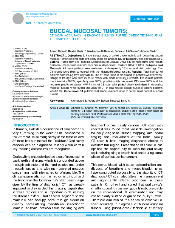 (PDF) Buccal Mucosal Tumors; CT Scan Accuracy in Diagnosis Using Puffed ...