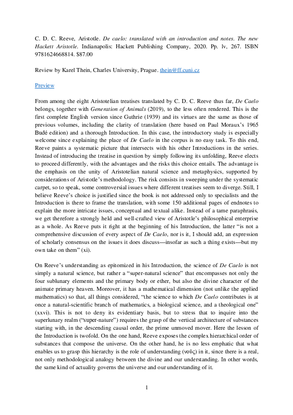 (PDF) Review of C. D. C. Reeve, Aristotle: De caelo