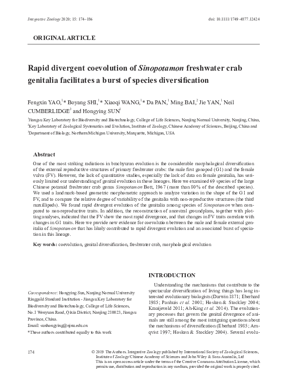 Pdf Rapid Divergent Co‐evolution Of Freshwater Crab Genitalia Facilitates A Burst Of Species
