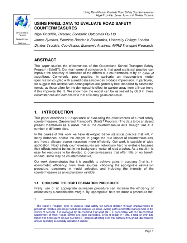 (PDF) Using Panel Data to Evaluate Road Safety Countermeasures