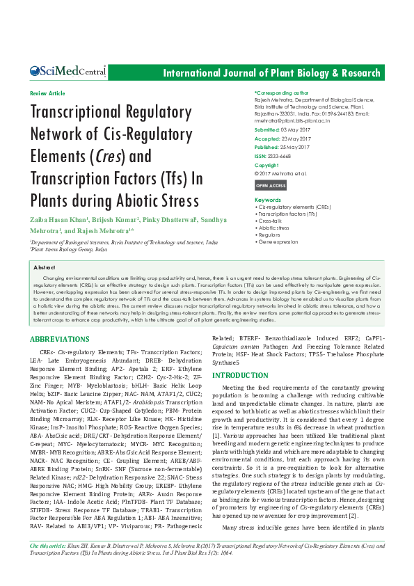 (PDF) Transcriptional Regulatory Network of Cis-Regulatory Elements ( Cres ) and Transcription ...