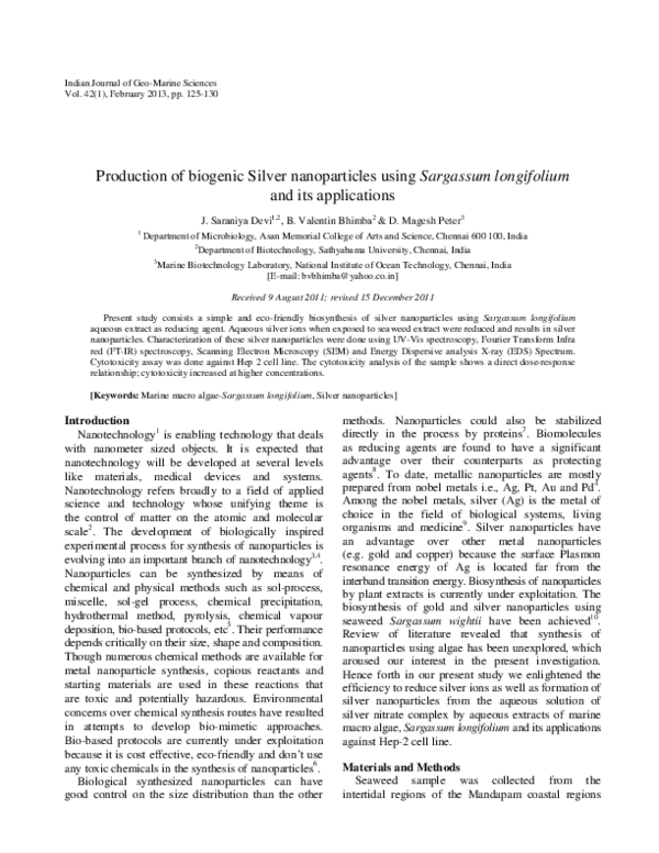 (PDF) Production of Biogenic Silver Nanoparticles using Sargassum longifolium and its applications