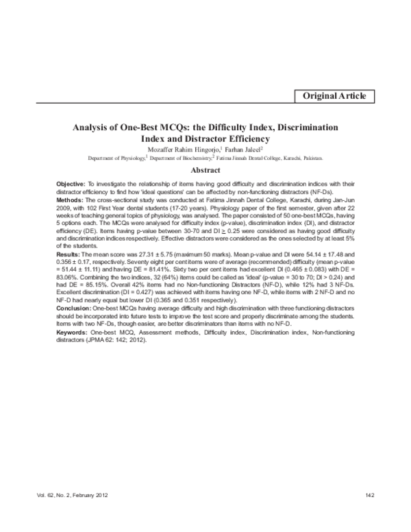 (PDF) Analysis of one-best MCQs: the difficulty index, discrimination ...