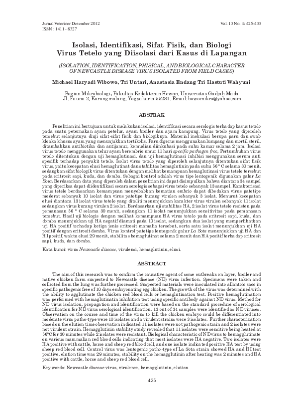 (PDF) Isolasi, Identifikasi, Sifat Fisik, dan Biologi Virus Tetelo yang ...