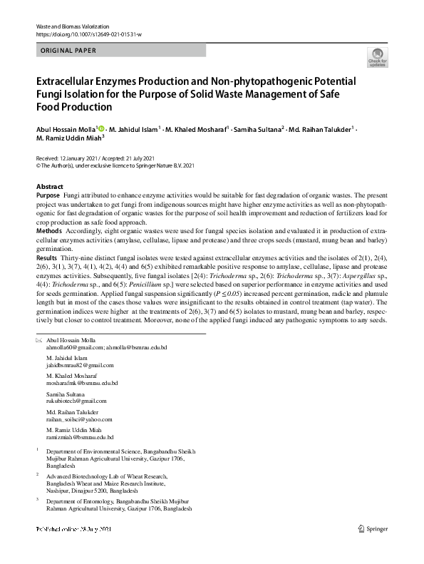(PDF) Extracellular Enzymes Production and Non-phytopathogenic Potential Fungi Isolation for the ...