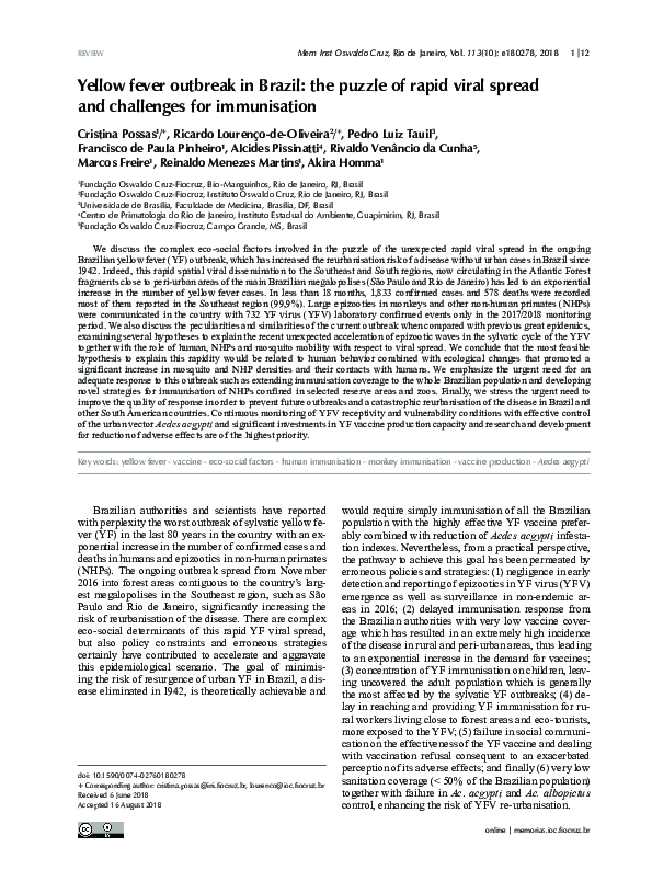 (PDF) Yellow fever outbreak in Brazil: the puzzle of rapid viral spread ...
