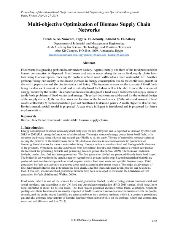 (PDF) Multi-objective Optimization of Biomass Supply Chain Networks