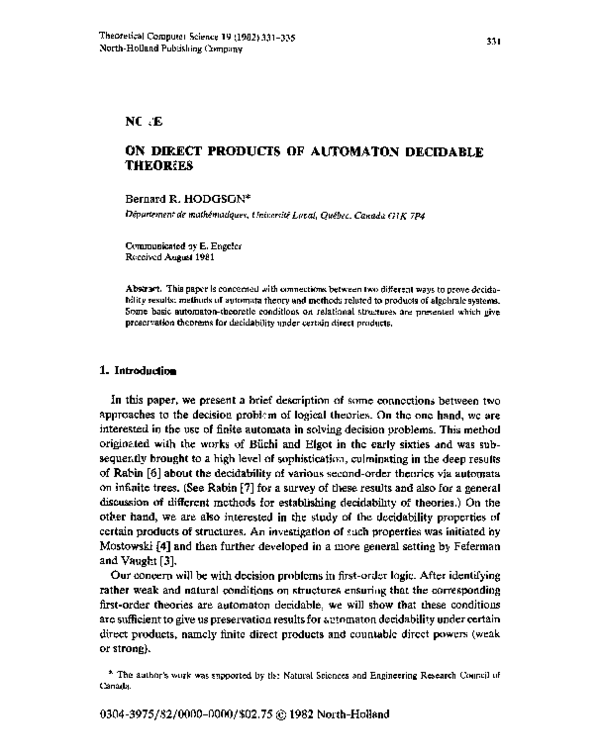 (PDF) On direct products of automaton decidable theories