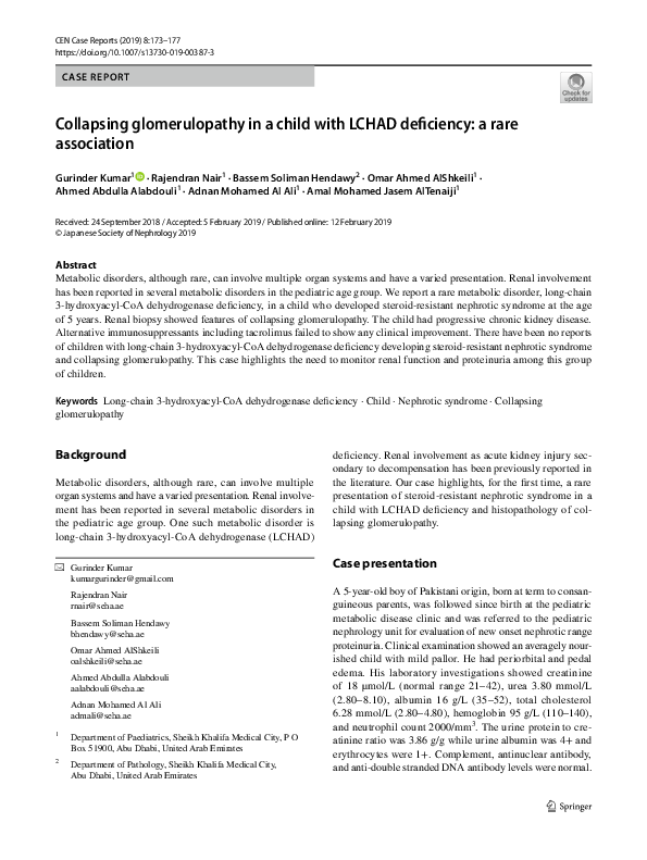 (PDF) Collapsing glomerulopathy in a child with LCHAD deficiency: a ...