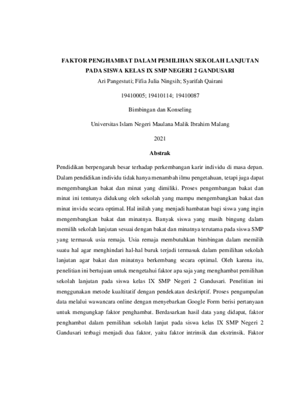 (PDF) FAKTOR PENGHAMBAT DALAM PEMILIHAN SEKOLAH LANJUTAN PADA SISWA KELAS IX SMP NEGERI 2 GANDUSARI