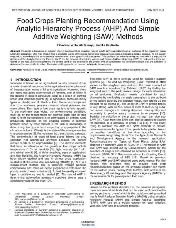 (PDF) Food Crops Planting Recommendation Using Analytic Hierarchy Process (AHP) And Simple ...