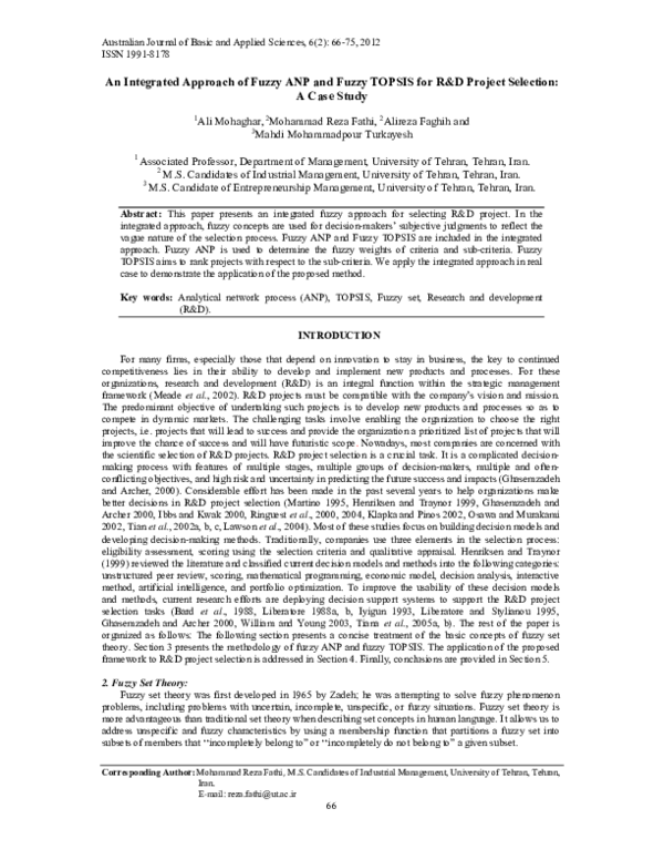 Pdf An Integrated Approach Of Fuzzy Anp And Fuzzy Topsis For Randd